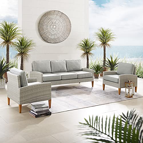 Crosley Furniture Capella 3-Piece Outdoor Sofa Patio Furniture Set, Wicker Conversation Sets for Porch, Acorn with Gray Cushions