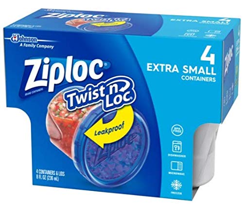 Ziploc Twist 'n Loc, Storage Containers for Food, Travel and Organization, Dishwasher Safe, Extra Small Round, 4 Count