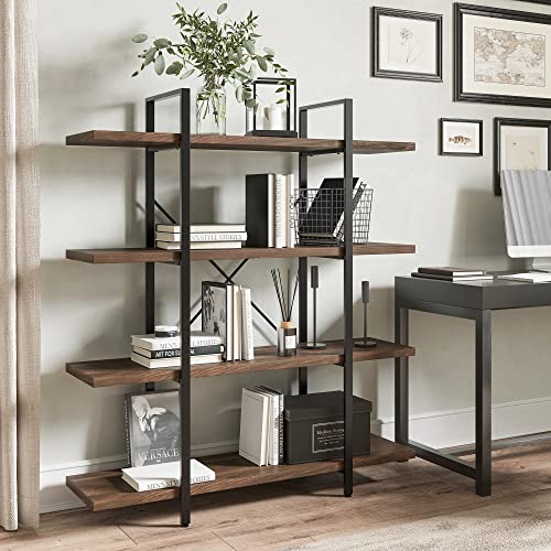 BELLEZE 4 Tier Modern Rustic Industrial Bookshelf, Open Wide Office Etagere Book Shelf, Wood and Metal Bookcases with Storage Display Rack - Hazel (Dark Walnut)