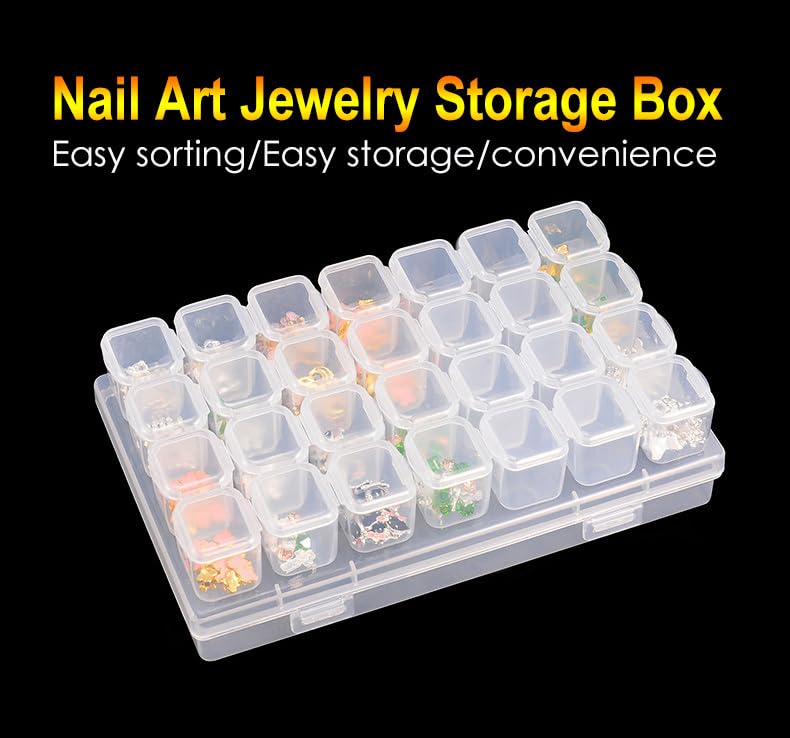 AKOAK 28-Compartment Transparent Plastic Storage Box, Separate Lid, Transparent Compartment, Nail Art Storage Box, Jewelry, Rhinestone, Beads, Screws, Organizer Container