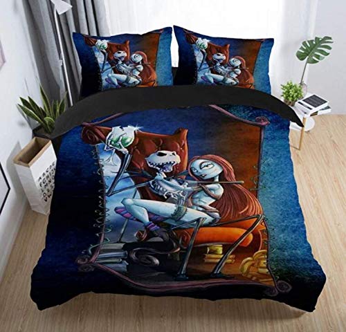 Vankie Bedding Set 3Pieces, Nightmare Before Christmas Duvet Cover Set Jack and Sally Throne Cartoon Bedding with 1 Duvet Cover, 2 Pillow Shams, No Comforter King Size