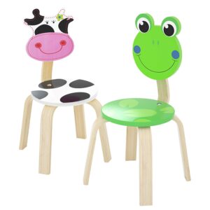 iplay, ilearn 2 pcs wooden kids chair sets, natural hardwood frog & cow animal children chairs, furniture set for toddlers kids boys girls, stackable for playroom, nursery, preschool, kindergarten