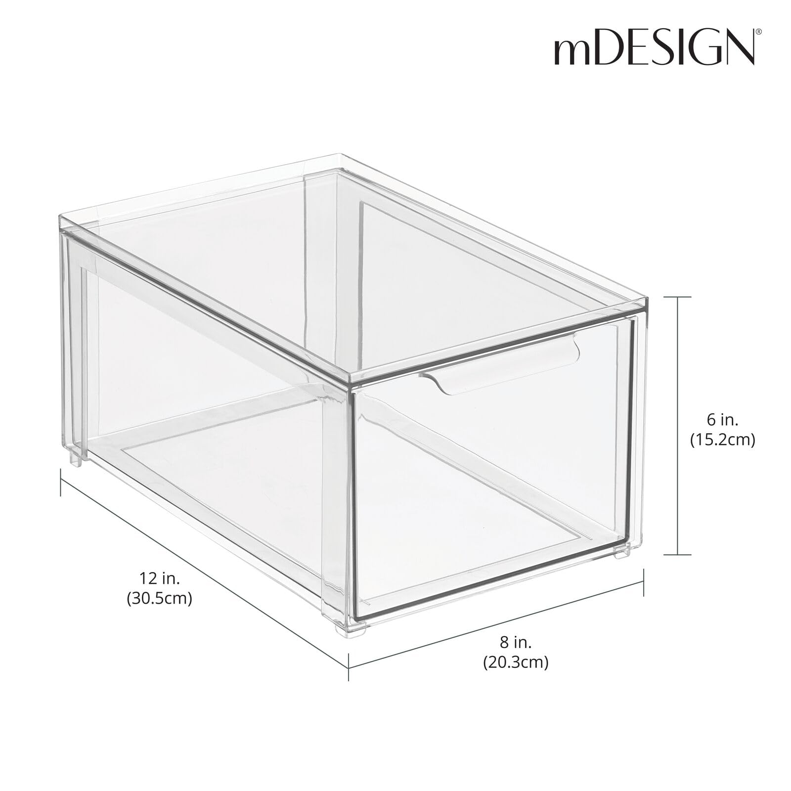 mDesign Plastic Stackable Closet Storage Organizer Bins with Pull Out Drawer for Cabinet, Desk, Shelf, Cupboard, or Dresser Organization - Lumiere Collection - 4 Pack - Clear