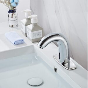 Automatic Sensor Touchless Bathroom Sink Faucet with Hole Cover Plate Chrome Dual Powered Vanity Bathroom Faucets