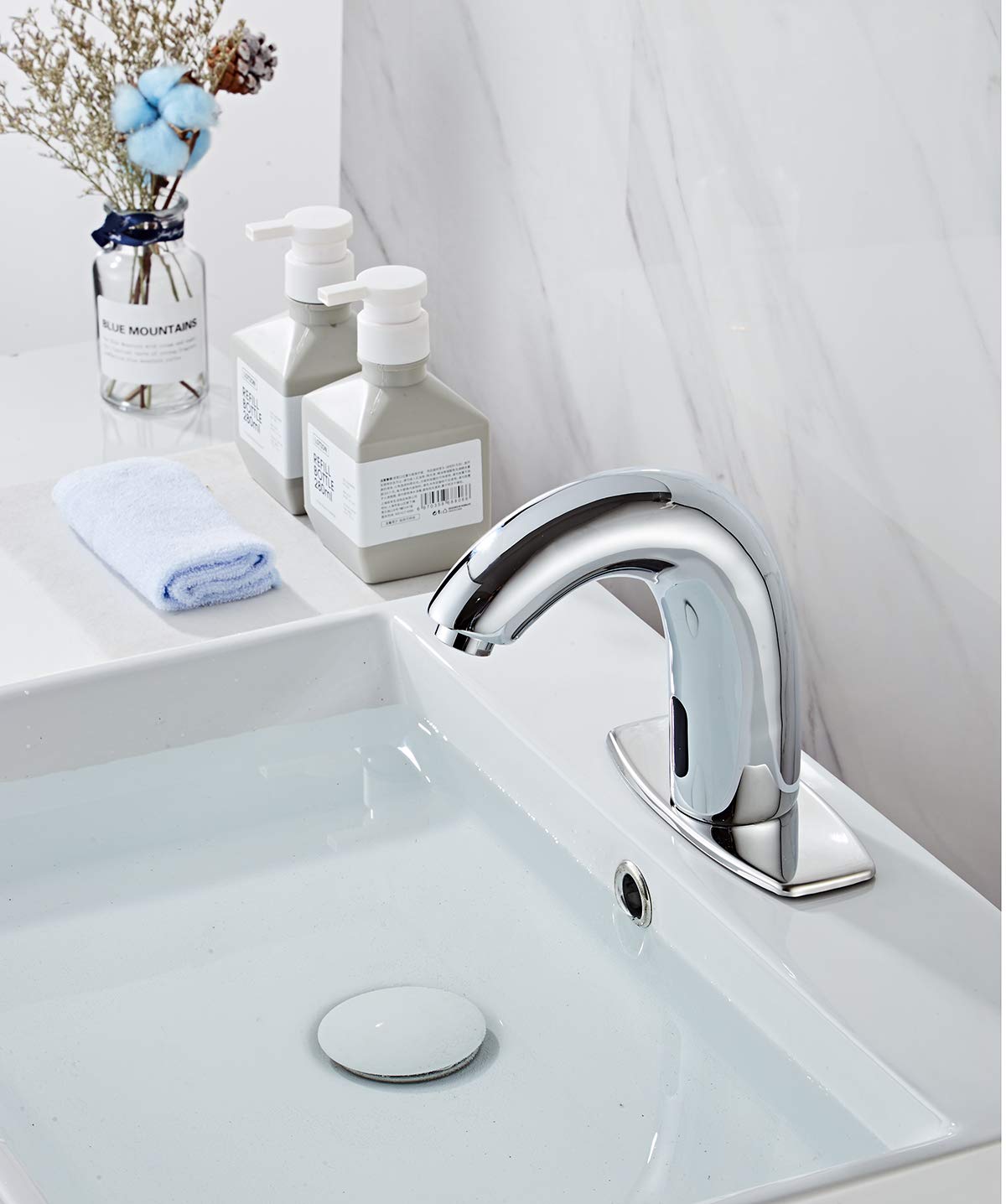 Automatic Sensor Touchless Bathroom Sink Faucet with Hole Cover Plate Chrome Dual Powered Vanity Bathroom Faucets