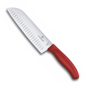 victorinox swiss classic santoku knife - sharp kitchen knife for mincing, dicing & slicing - cutting knife for kitchen accessories - red handle, 7"