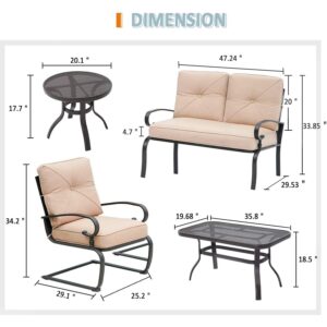 Incbruce 5 Piece Wrought Iron Patio Furniture Set Metal Outdoor Conversation Sets (Loveseat, Coffee Table and Bistro Table, 2 Spring Chair) with Cushion (Brown)