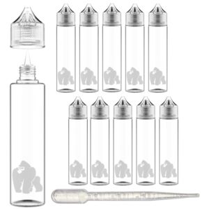 chubby gorilla ldpe pet plastic unicorn squeeze bottle 60ml (10 pack) dropper bottle (transparent white clear) reusable, child resistant cap, easy drip tip applicator dropper bottles