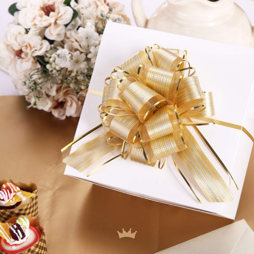 PACKQUEEN 15 Gold Gift Bows Large, 6 inches, Gift Pull Bows for Presents, Christmas Gift Bows Bulk for Baskets