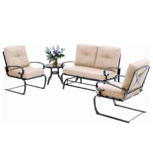 oakmont 4 pieces metal outdoor furniture patio conversation set, glider chairs set with round side table, spring lounge chair sets metal frame wrought iron look (brown)