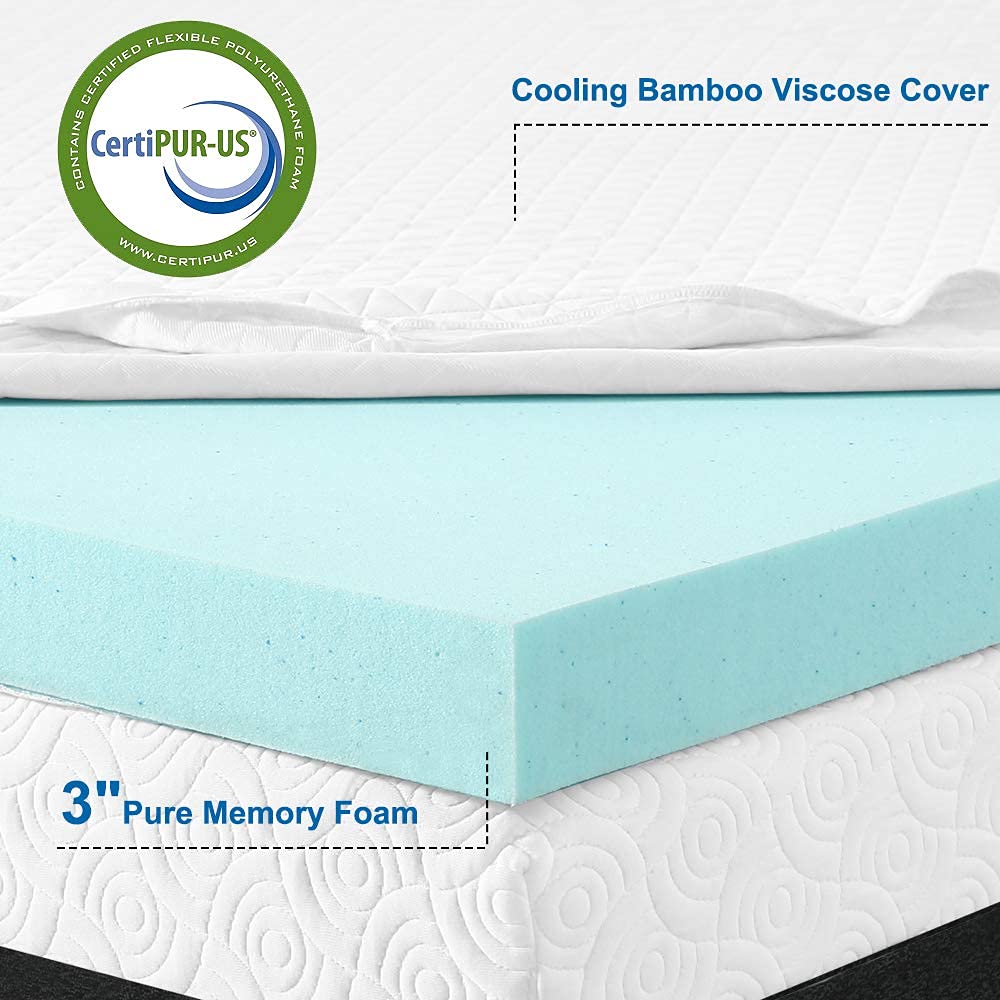 ABAKAN 3 Inch Memory Foam Mattress Topper King Size - Cooling Gel Bed Topper for College - Firm Mattress Topper for Back Pain (with Removable Soft Bamboo Fiber Cover)