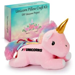 make your own unicorn pillow kit arts and crafts for girls (no sew), diy unicorn craft girl ages 3 4 5 6 7 8 9 10 years old, unicorn gifts for girls, birthday present, toys for girls, kids crafts