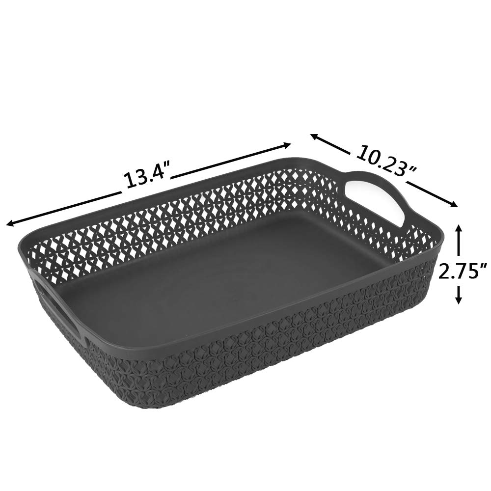 Zerdyne 6 Packs Large Plastic Storage Basket Tray with Handle, Gray