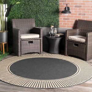 nuloom 7' round outdoor area rug, casual design with striped border, stain resistant, highly durable, for patio, balcony, bedroom, living room, dining room, bathroom, dark grey