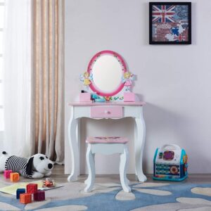 Wooden Vanity Table and Chair Set Kids Vanity Set with Mirror Children Princess Makeup Dressing Table with Stool and Storage Shelves for Girl(Pink)