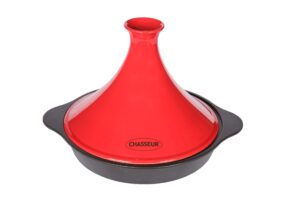 chasseur french enameled cast iron tajine with ceramic cone lid, 12-inch diameter, red.