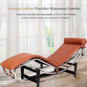 Patio Lounge Chair, Le Corbusier LC-4 Lounge Recliner Replica with Genuine Leather and Headrest, Adjustable Chair for Pool Side Outdoor Yard Lawn (Light Brown)