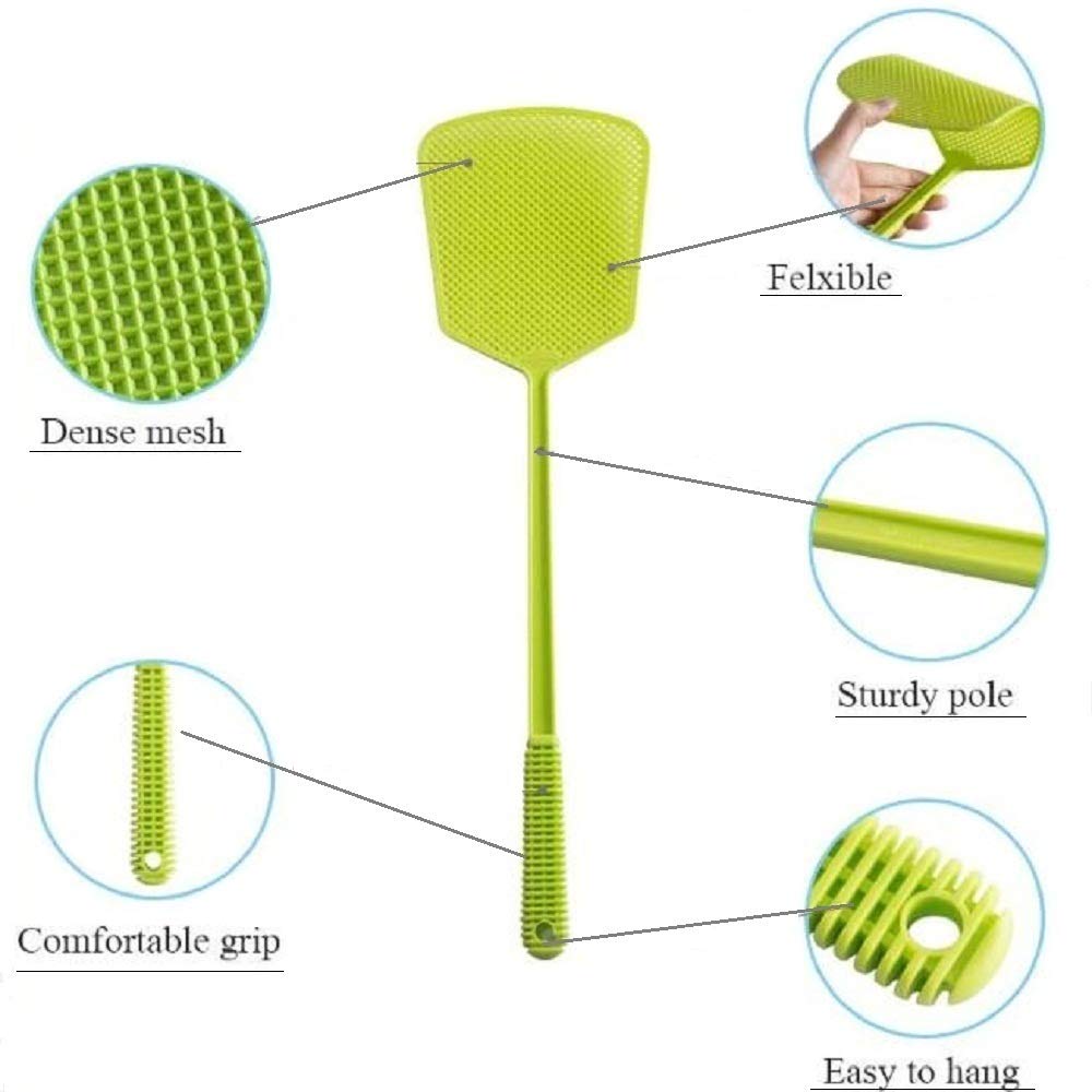 Fly Swatter, 4 Pack Strong Plastic Fly Swat Set with Long Flexible Handle Manual Heavy Duty Fly Swatters Assorted Colors