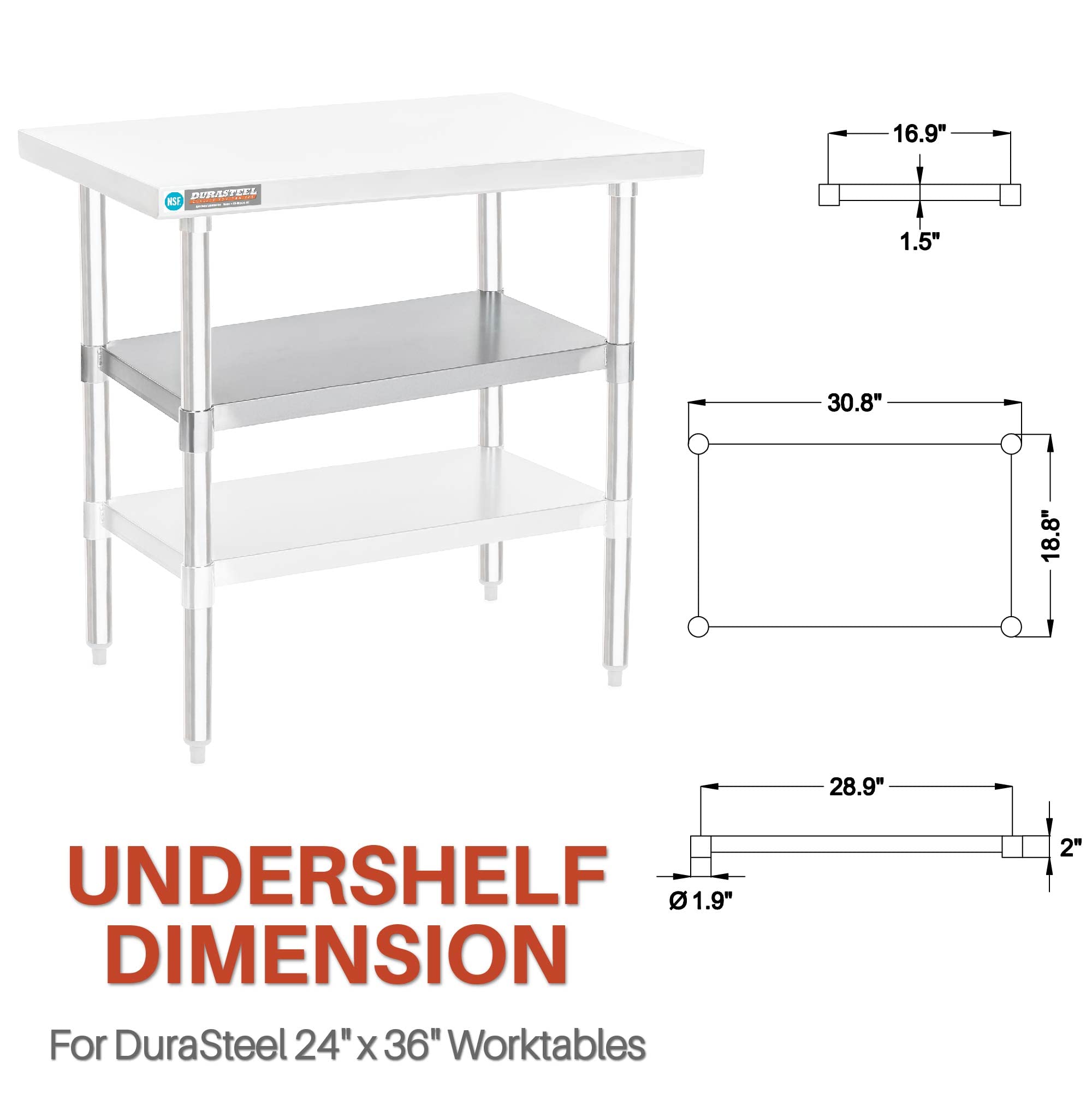 Galvanized Under Shelf for Work Tables - DuraSteel Extra Adjustable Lower Shelf for 24" x 36" Stainless Steel and Wooden Worktables - Fits for use in Restaurant, Warehouse, Home, Kitchen, Garage