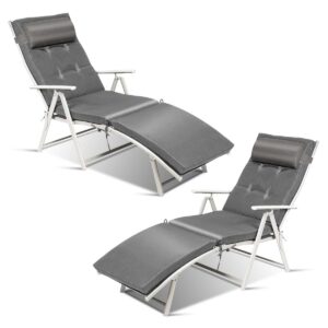 tangkula 2 pcs outdoor folding chaise lounge chair, lightweight recliner chair w/ 7 adjustable backrest positions, patio reclining beach w/removable cushion & pillow for patio poolside (gray)