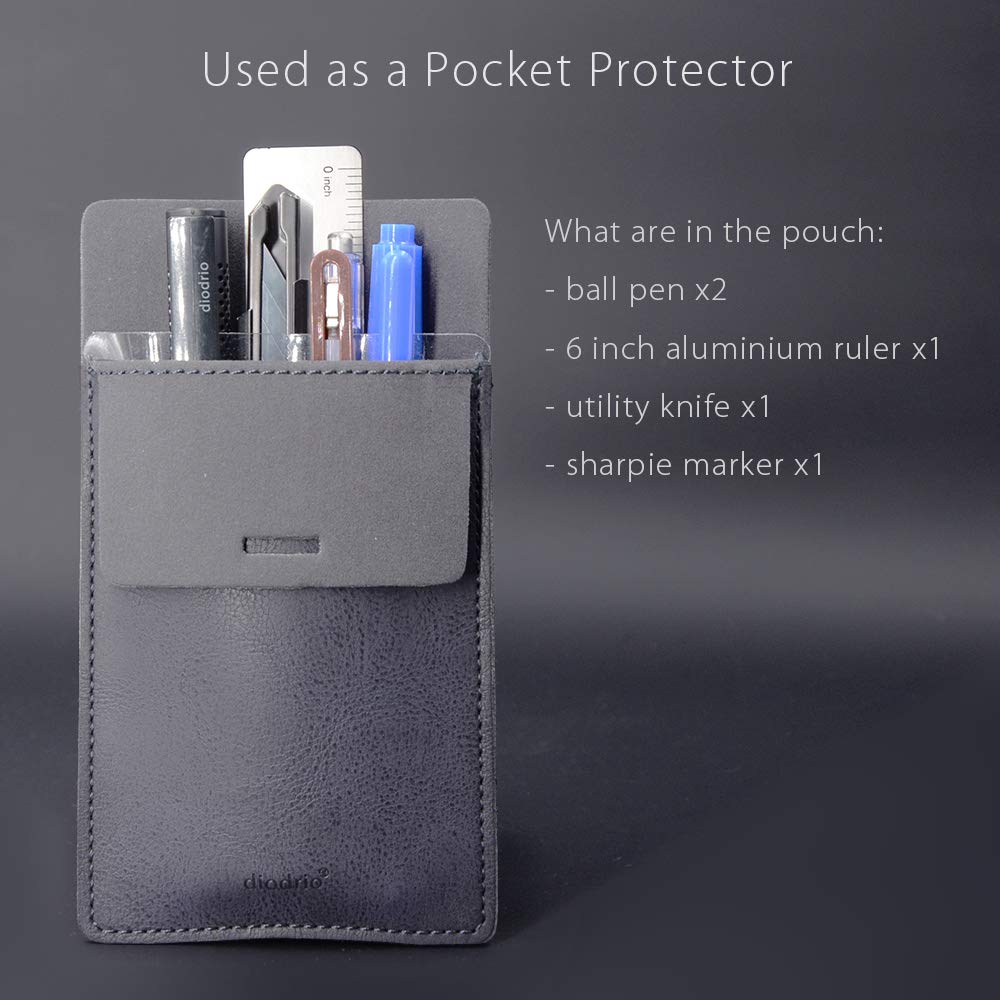 Pocket Protector, Leather Pen Pouch Holder Organizer, for Shirts Lab Coats, Hold 5 Pens, Designed to Keep Pens Inside When Bend Down. No Breaking of Pen Clip. Thick PU Leather, Navy, 2 Per Pack.