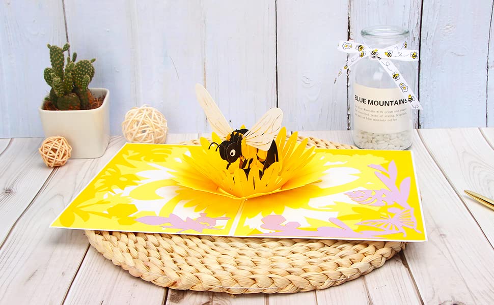 Ribbli Bee & Flower Handmade 3D Pop Up Card,Greeting Card,Mothers Day Card,Thank You Card,Bumble Bee Card,Floral Card,For Birthday,Anniversary,Congratulations,All Occasion,with Envelope