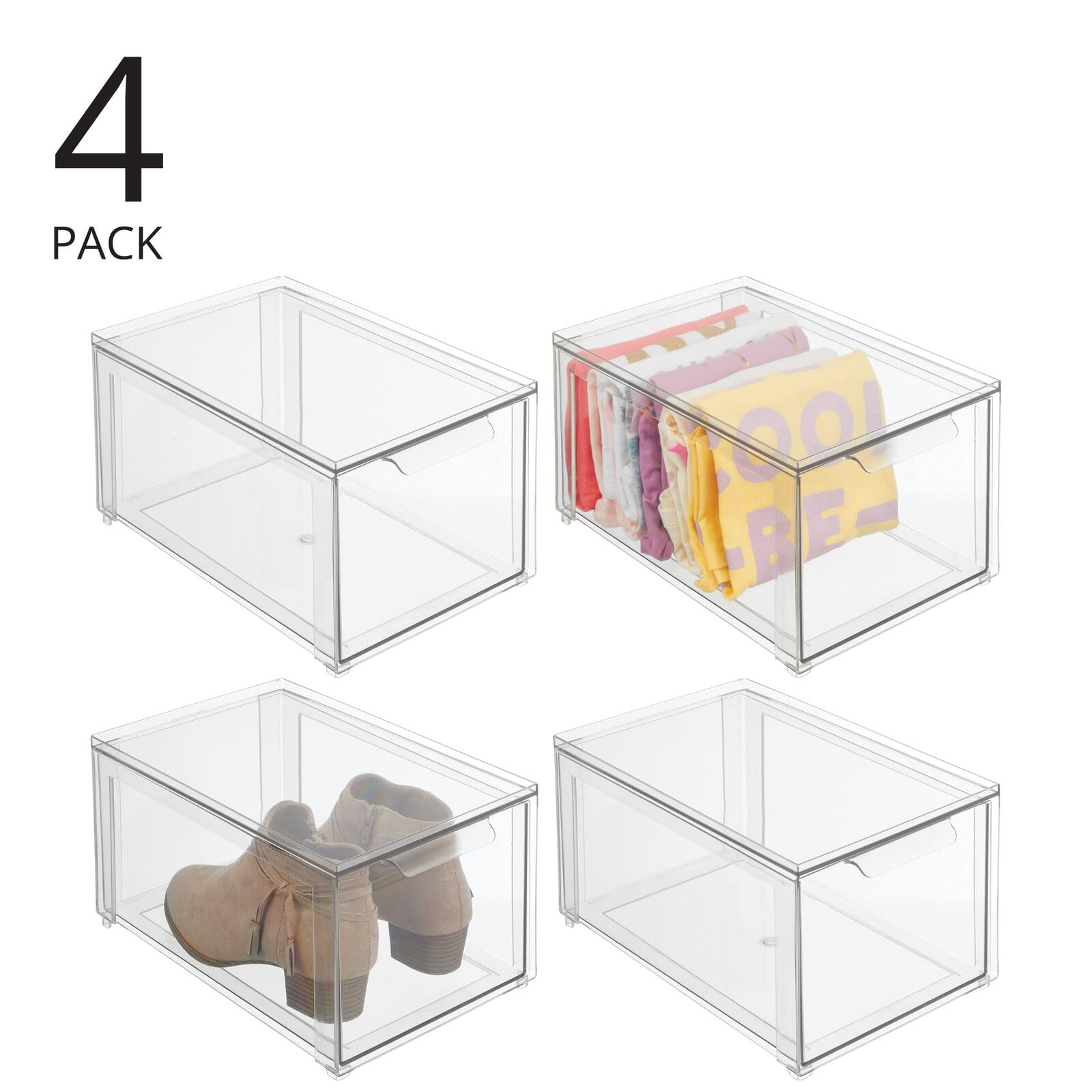 mDesign Plastic Stackable Closet Storage Organizer Bins with Pull Out Drawer for Cabinet, Desk, Shelf, Cupboard, or Dresser Organization - Lumiere Collection - 4 Pack - Clear