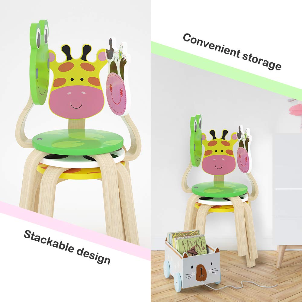 iPlay, iLearn 2 PCS Wooden Kids Chair Sets, Natural Hardwood Frog & Cow Animal Children Chairs, Furniture Set for Toddlers Kids Boys Girls, Stackable for Playroom, Nursery, Preschool, Kindergarten