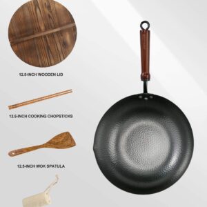 BIELMEIER Wok Pan 12.5", Woks and Stir Fry Pans with lid, Carbon Steel Wok with Cookware Accessories, Wok with Lid Suits for all Stoves(Flat Bottom Wok)