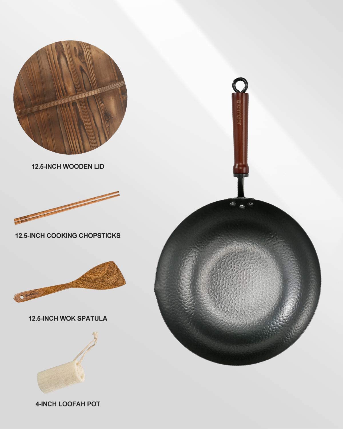 BIELMEIER Wok Pan 12.5", Woks and Stir Fry Pans with lid, Carbon Steel Wok with Cookware Accessories, Wok with Lid Suits for all Stoves(Flat Bottom Wok)