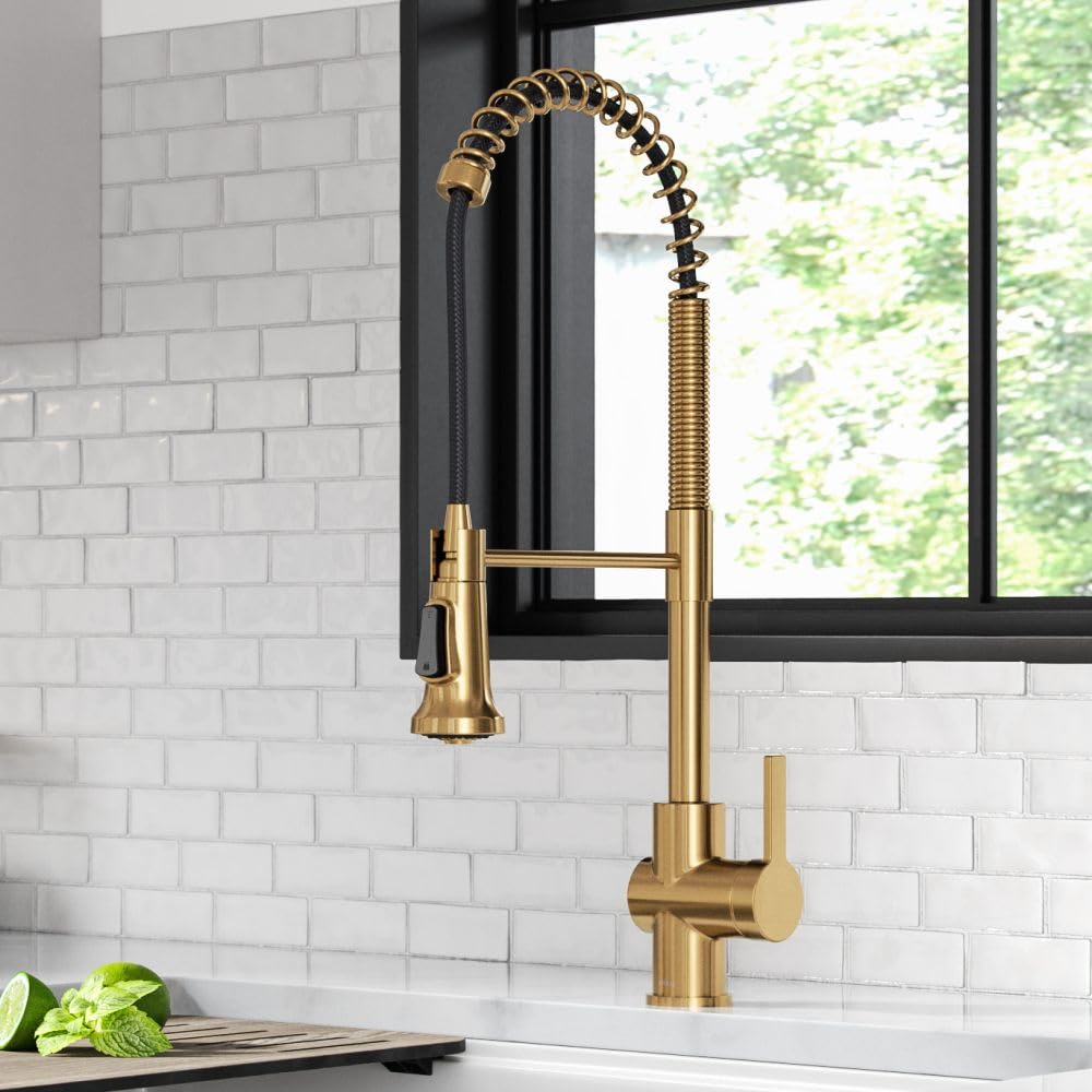 KRAUS Britt 2nd Gen Commercial Style Pull-Down Single Handle Kitchen Faucet in Brushed Brass, KPF-1691BB