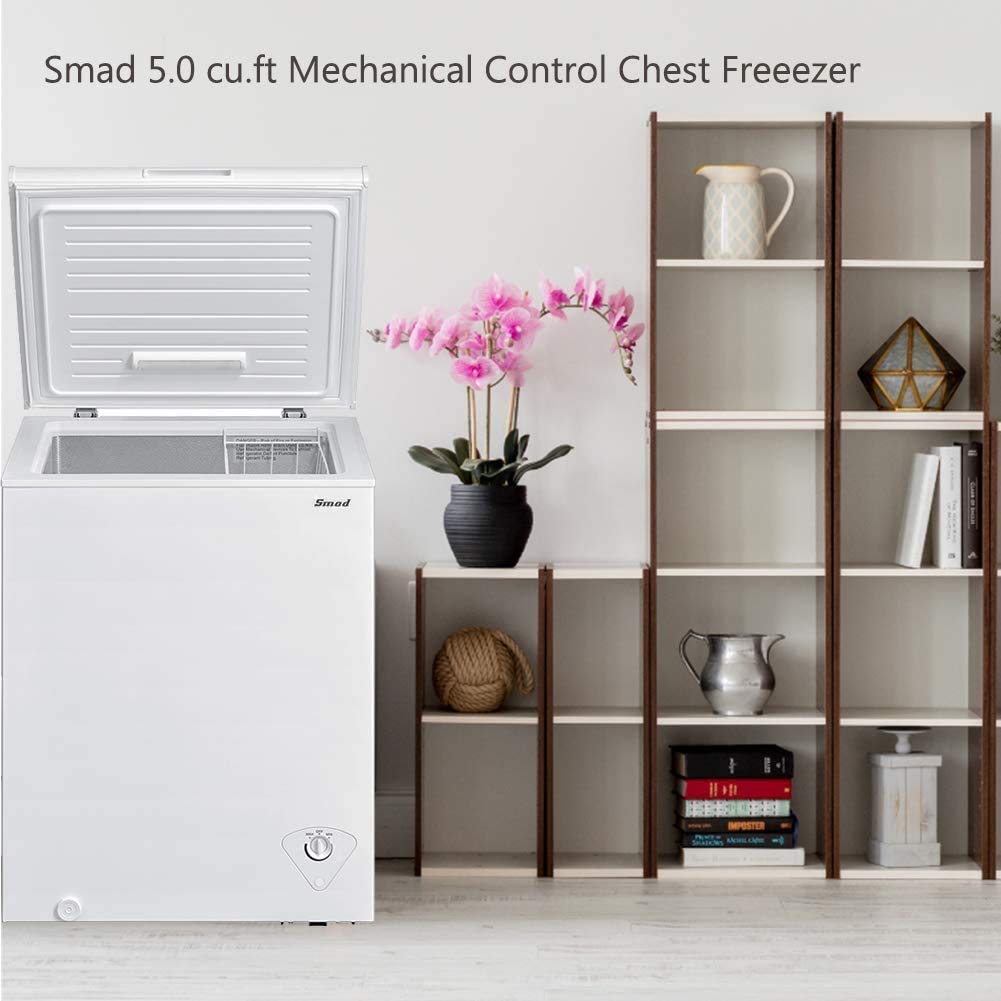 Smad Deep Chest Freezer 5 Cu.ft Low Noise Top Open Freezer with Removable Hanging Basket Auto Hold Door Hinges Front Drain, White