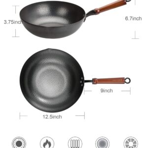 BIELMEIER Wok Pan 12.5", Woks and Stir Fry Pans with lid, Carbon Steel Wok with Cookware Accessories, Wok with Lid Suits for all Stoves(Flat Bottom Wok)