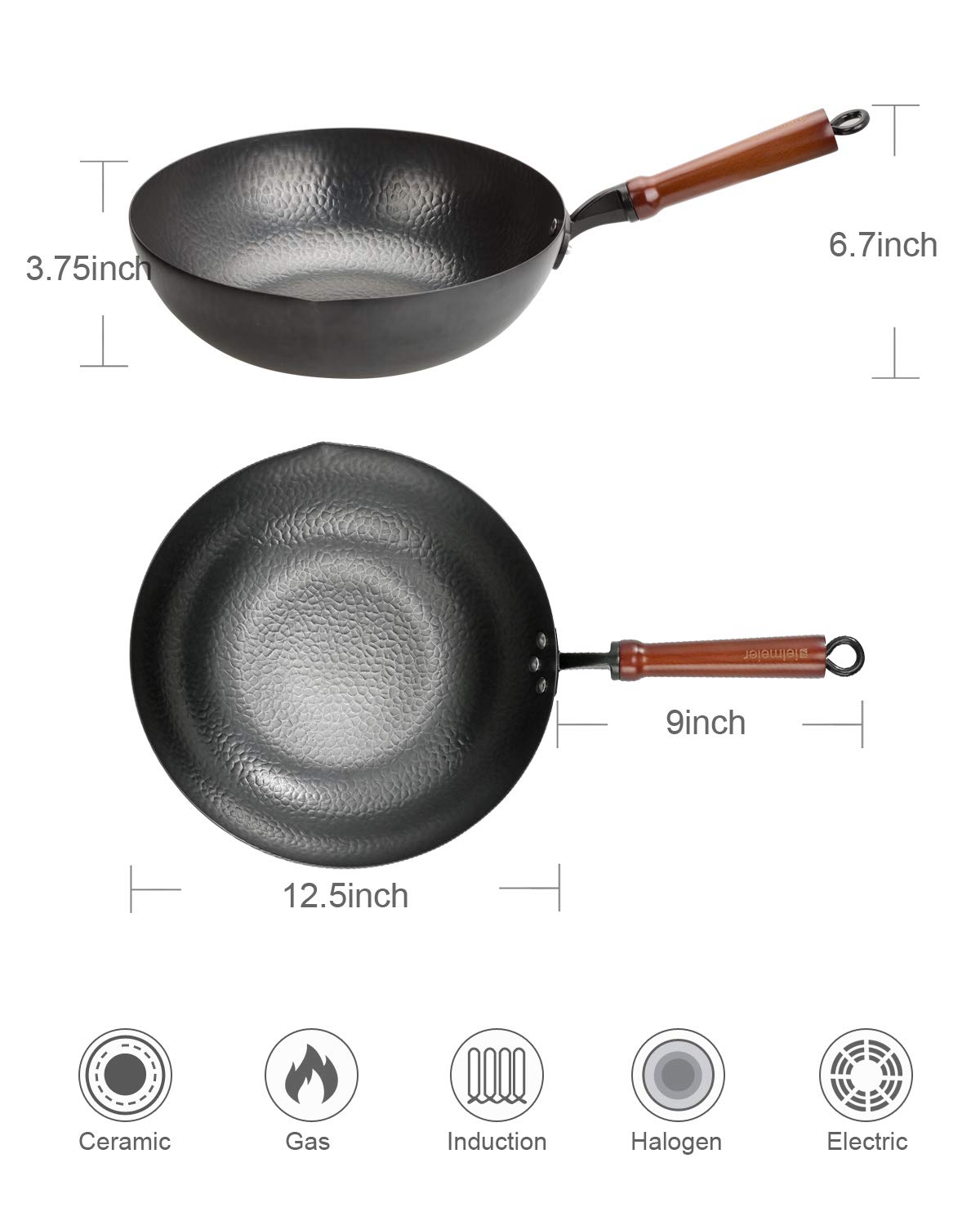 BIELMEIER Wok Pan 12.5", Woks and Stir Fry Pans with lid, Carbon Steel Wok with Cookware Accessories, Wok with Lid Suits for all Stoves(Flat Bottom Wok)