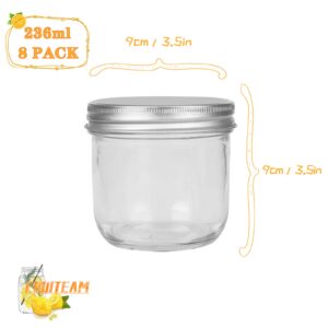 FRUITEAM 8 oz Wide Mouth Mason Jars with Lids -Set of 8, Transparent Clear Glass Canning Jar Ideal for Jams, Jellies, Conserves, Preserves, Fruit Syrups, Chutneys, and more Pizza Sauce