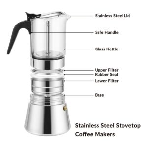 GEESTA Premium Crystal Glass-Top Stovetop Espresso Moka Pot - 4 / 6/ 9 Cups - Stainless Steel Coffee Maker- 160ml/5.6oz/4 cup (esHimpresso cup=40ml)- Valentines Day Gifts