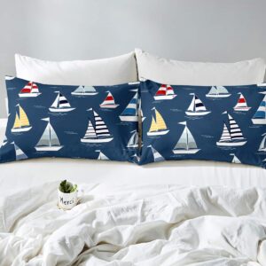 Feelyou Sailboat Print Bedding Set for Kids Boys Girls Teens Ocean Wave Nautical Theme Adventure Navy Blue Comforter Cover Luxury Microfiber Bedclothes Decor 2Pcs Duvet Cover with 1 Pillowcase Twin