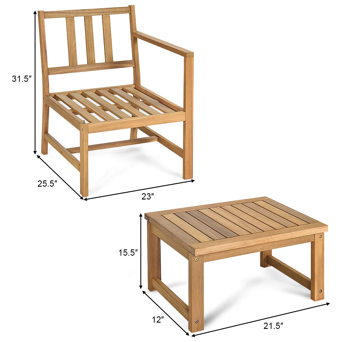 Tangkula 3 in 1 Acacia Wood Loveseat with Separable Coffee Table, 3-Piece Wooden Chairs Set with Cushions, 2-Seater Outdoor Furniture Set for Garden Backyard Balcony Patio Poolside (Natural Teak)