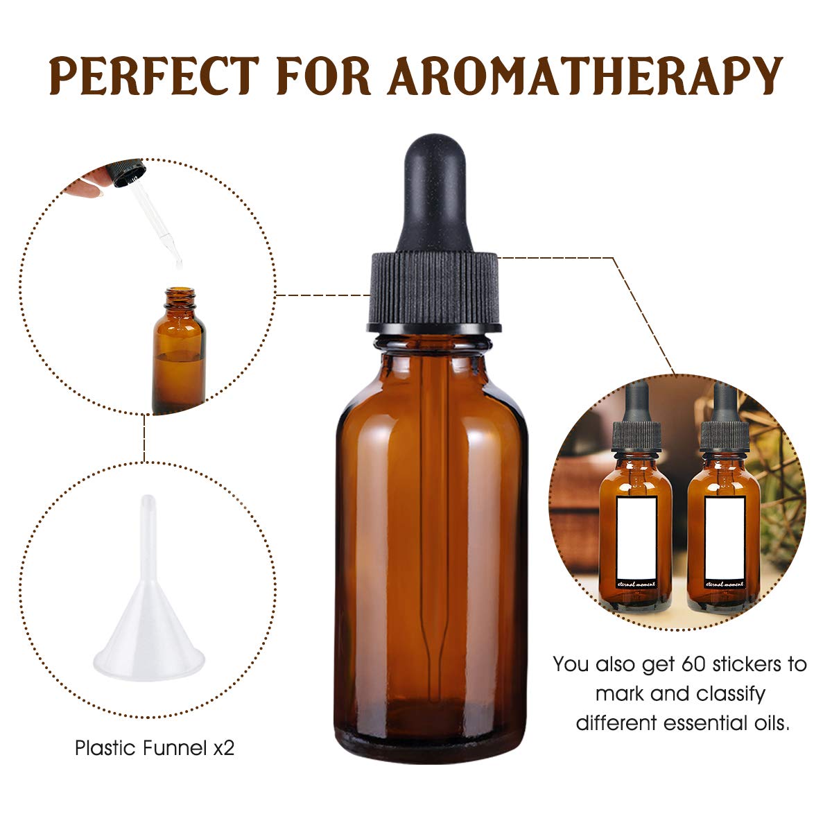 Eternal Moment 1 oz Eye Dropper Bottle(48 Pack), 30ml Amber Glass Bottles with Glass Eye Dropper for Essential Oils, Chemistry Lab Chemicals, Colognes & Perfumes