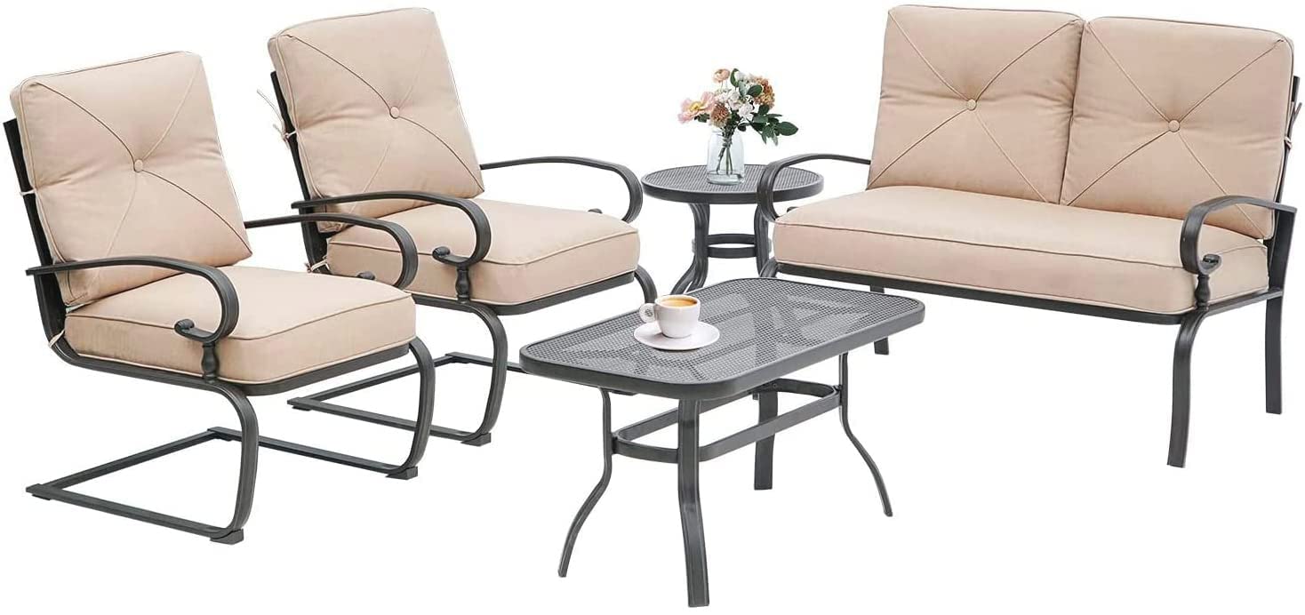 Incbruce 5 Piece Wrought Iron Patio Furniture Set Metal Outdoor Conversation Sets (Loveseat, Coffee Table and Bistro Table, 2 Spring Chair) with Cushion (Brown)