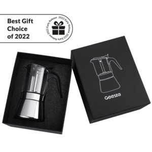 GEESTA Premium Crystal Glass-Top Stovetop Espresso Moka Pot - 4 / 6/ 9 Cups - Stainless Steel Coffee Maker- 160ml/5.6oz/4 cup (esHimpresso cup=40ml)- Valentines Day Gifts