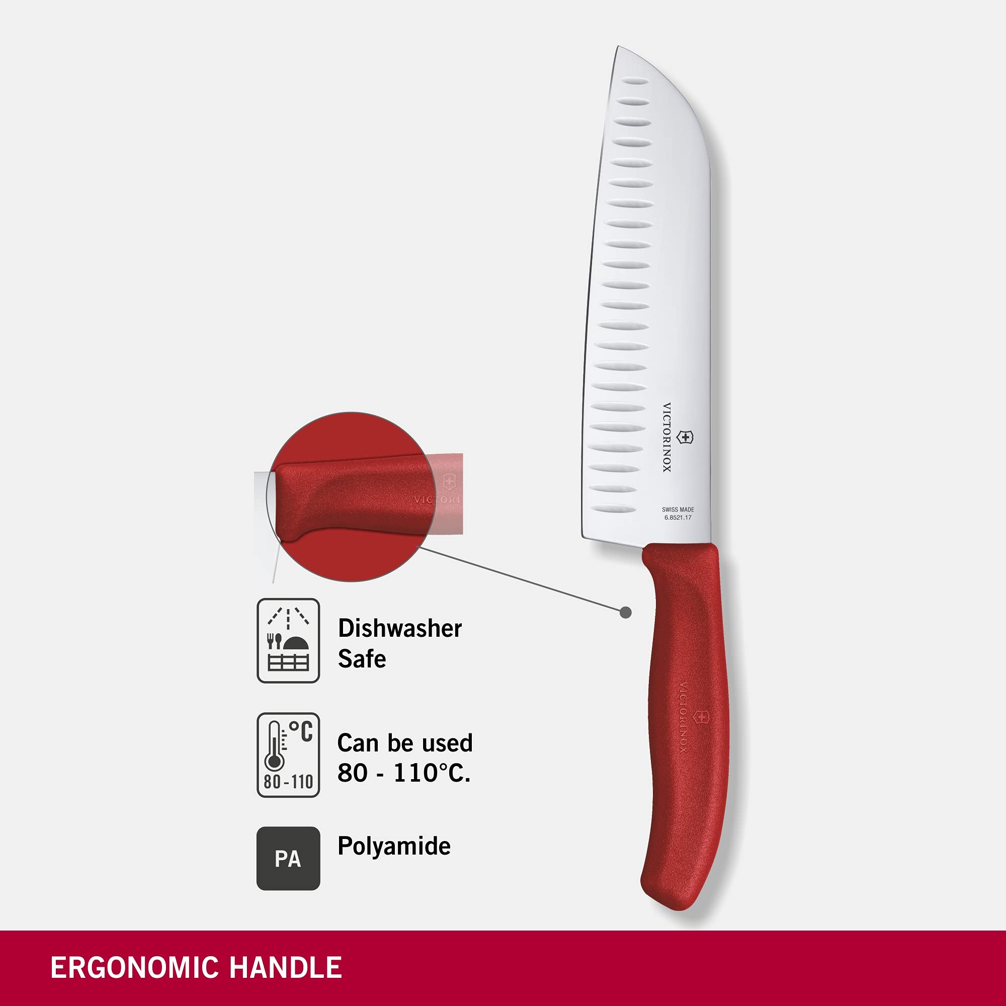 Victorinox Swiss Classic Santoku Knife - Sharp Kitchen Knife for Mincing, Dicing & Slicing - Cutting Knife for Kitchen Accessories - Red Handle, 7"