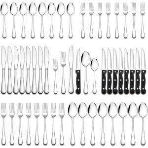 wildone 48-piece flatware set with steak knives, stainless steel silverware cutlery set service for 8, tableware eating utensils include knives/forks/spoons, mirror polished, dishwasher safe