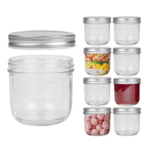 fruiteam 8 oz wide mouth mason jars with lids -set of 8, transparent clear glass canning jar ideal for jams, jellies, conserves, preserves, fruit syrups, chutneys, and more pizza sauce