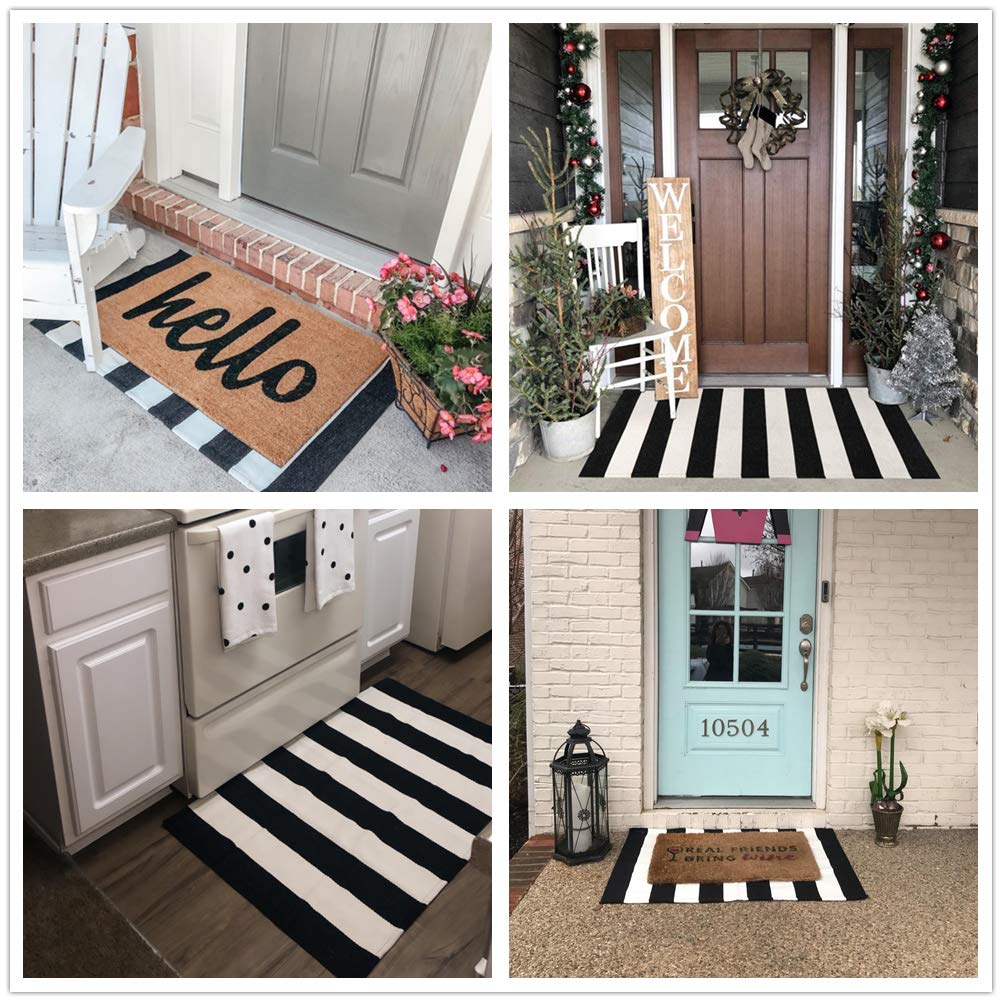 KaHouen Cotton Black and White Striped Rug (27.5 x 43 Inches), Washable Hand-Woven Stripe Outdoor Front Door Mat for Layered Door Mats/Porch/Kitchen/Bathroom/Laundry Room.