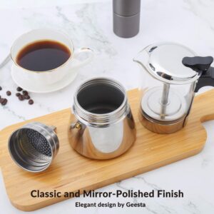 GEESTA Premium Crystal Glass-Top Stovetop Espresso Moka Pot - 4 / 6/ 9 Cups - Stainless Steel Coffee Maker- 160ml/5.6oz/4 cup (esHimpresso cup=40ml)- Valentines Day Gifts