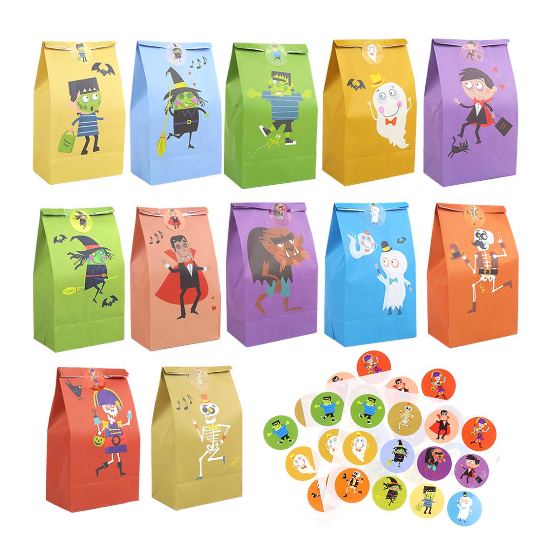 CCINEE 36pcs Halloween Paper Treat Bags Cute Candy Bags with 48pcs Round Stickers for Halloween Party Snacks Gift Packing Supplies