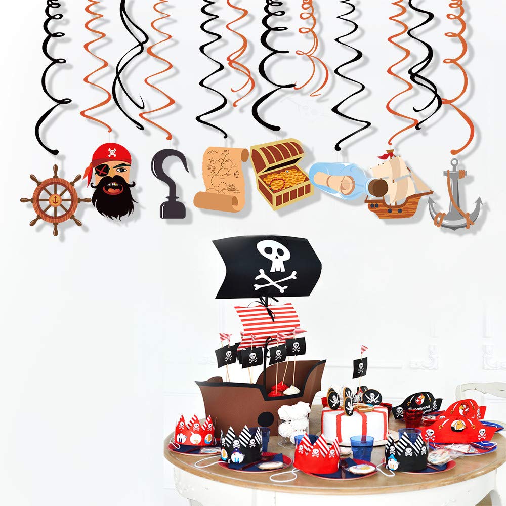 Kristin Paradise 30Ct Pirate Hanging Swirl Decorations, Pirates of the Caribbean Party Supplies, Birthday Theme Decor for Boy Girl Baby Shower, 1st Bday Favors Idea