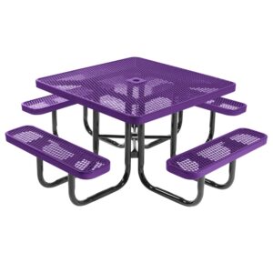 coated outdoor furniture heavy-duty portable outdoor picnic table with umbrella hole, expanded metal commercial-grade patio dining furniture made in america (46" square top, purple)