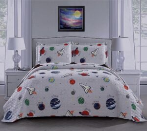 3 piece space quilt summer bedspreads full/queen size kids planet bed cover lightweight coverlet set blanket universe bedding-gray white